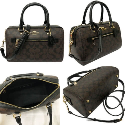 美國正品COACH F83607全新款 前拉鍊-滿版深咖紅色、滿版卡其白、深咖黑色、滿版深咖黑拚粉、黑金色~波士頓包 (大號.頭層真皮+防刮 ...