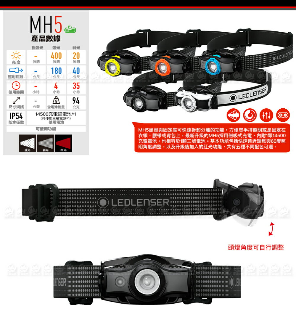 【LED LENSER 德國 MH5 專業伸縮調焦充電型頭燈 400流明《灰》】502147/頭頂燈/登山露營/救難/手電筒 | 悠遊山水戶外 ...