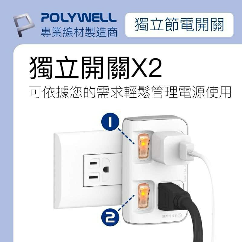 強強滾上架 POLYWELL 2切2座節能小壁插 獨立開關 3P 3P轉2P 45mm間距 台灣製造MIT 寶利威爾 | JUMP星球 | 樂天市場Rakuten