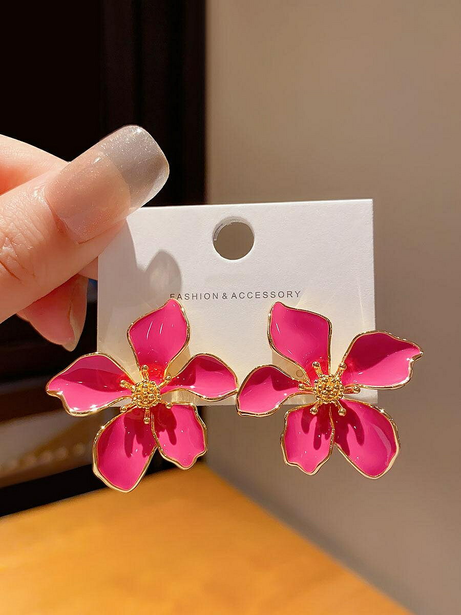 耳環 耳飾高級感輕奢洋氣玫紅色滴釉花朵大耳環女復古夸張氣質夸張耳釘耳飾 | 威吉優品 | 樂天市場Rakuten