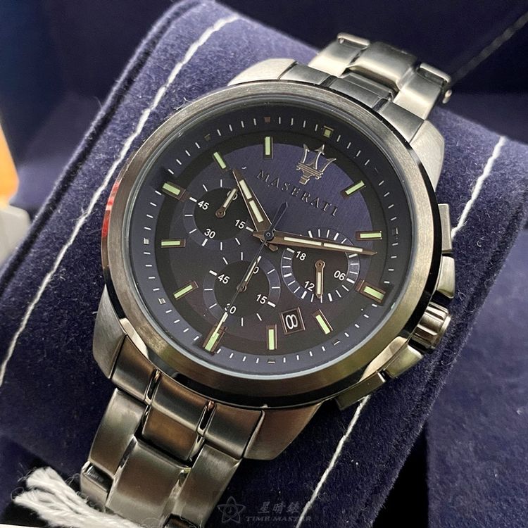 點數9%★MASERATI手錶,編號R8873621005,42mm槍灰色圓形精鋼錶殼,寶藍色三眼, 時分秒中三針顯示, 運動錶面,槍灰精鋼 ...